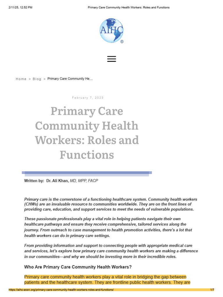 Primary Care Community Health Workers_ Roles and Functions copy | PDF ...