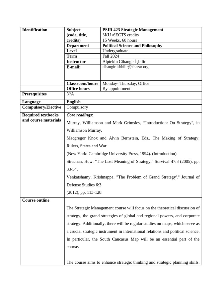 Strategic Management Syllabus 2024 Fall | PDF | Academic Dishonesty | Plagiarism