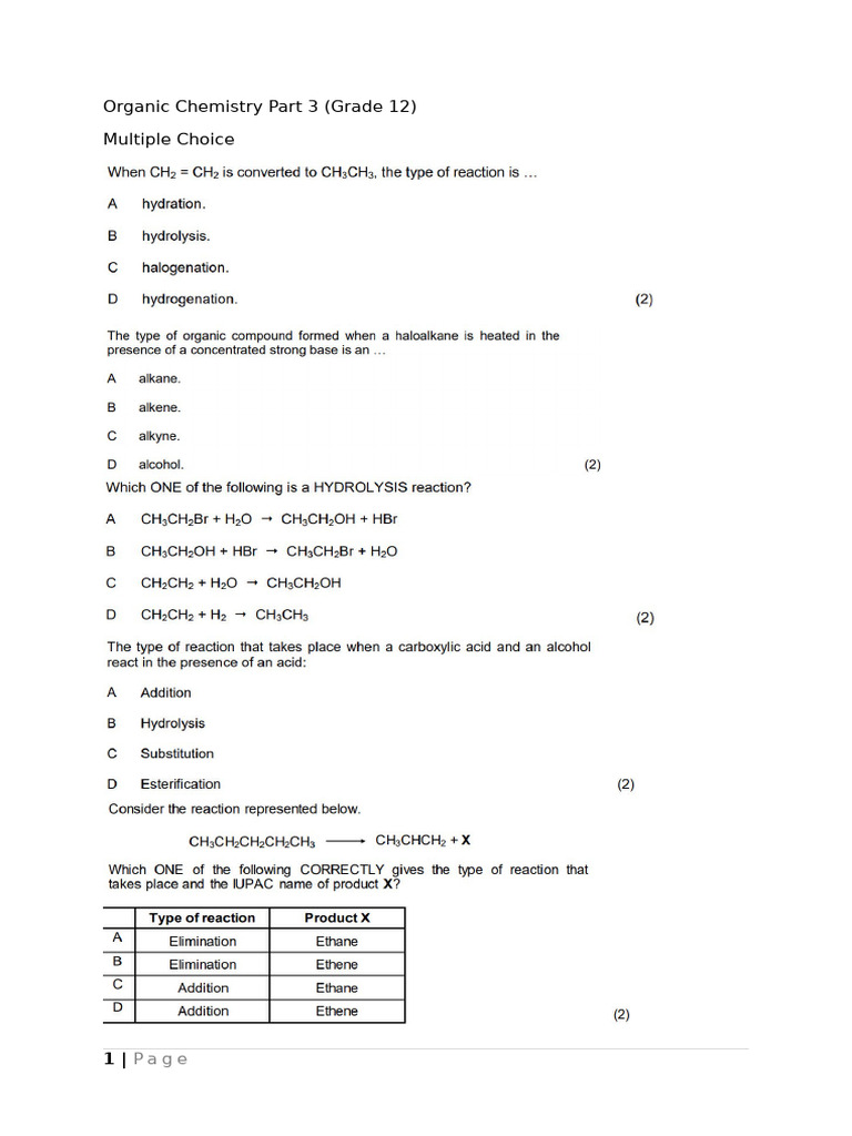 Grade 12 Organic Chemistry MCQs | PDF
