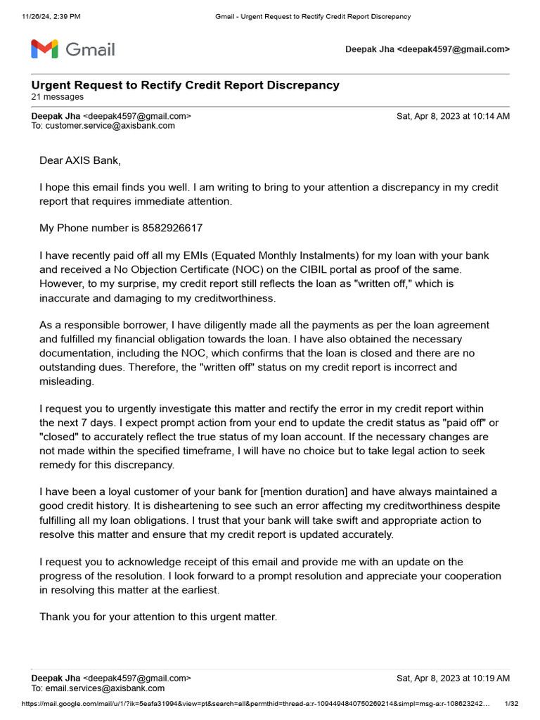 Gmail - Urgent Request To Rectify Credit Report Discrepancy | PDF ...