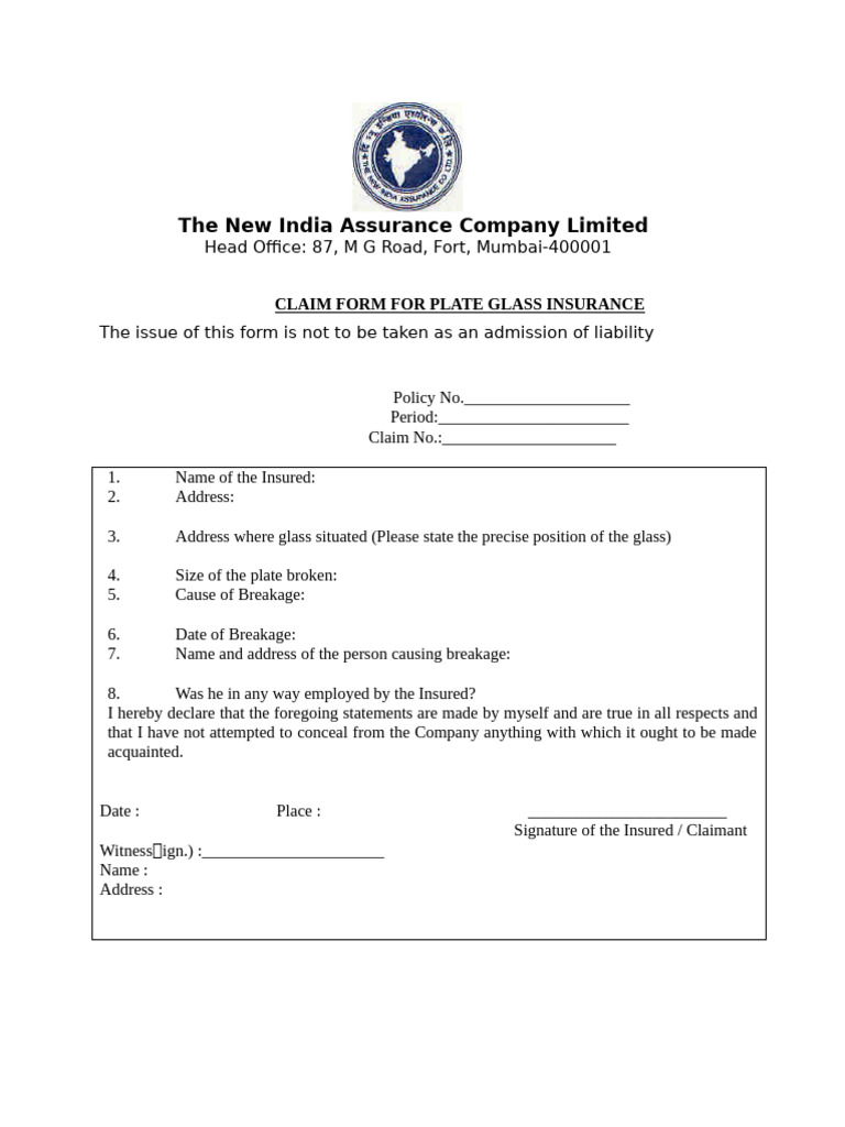 Plate Glass Insurance Claim Form | PDF