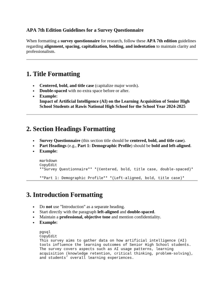 APA 7th Edition Guidelines For A Survey Questionnaire 1 | PDF ...