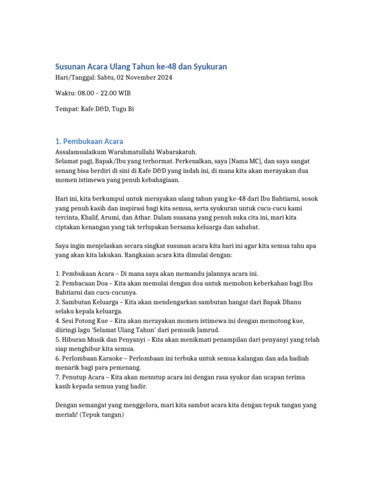 Susunan Acara Ulang Tahun Bu Bahtiarni | PDF