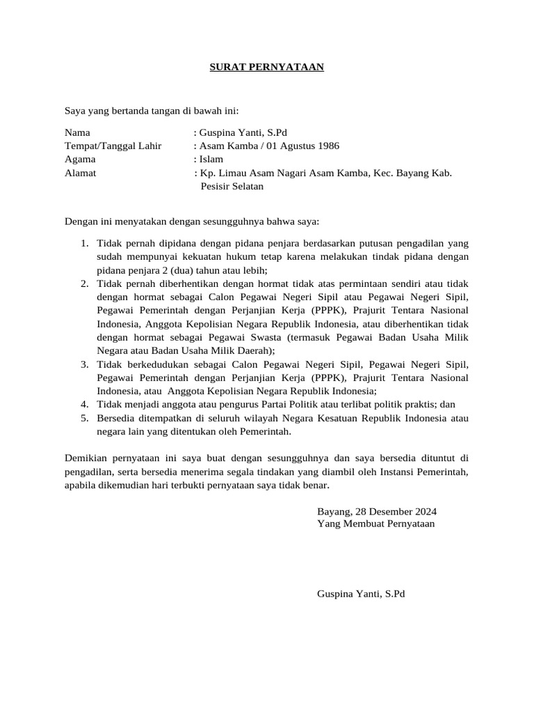SURAT PERNYATAAN 5 POIN SILVIA | PDF