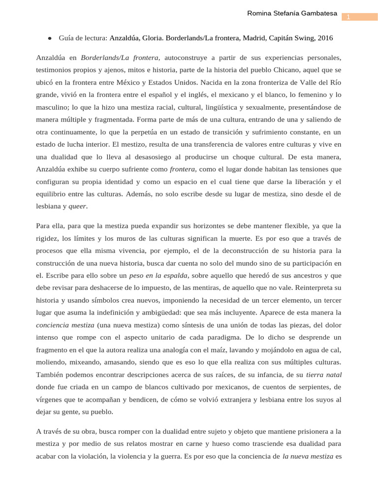 Resenammmm Anzaldua Gloria Borderlands La Frontera | PDF