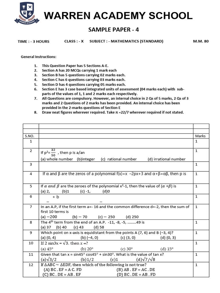 Class X Mathematics Sample Paper | PDF | Numbers | Circle