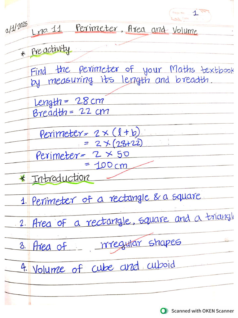 L no.11 Perimeter, Area and Volume notes | PDF