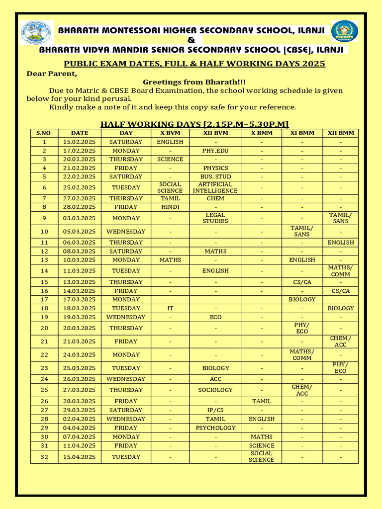 Half and Full Working Days BVM & BMM | PDF | Student Assessment And ...
