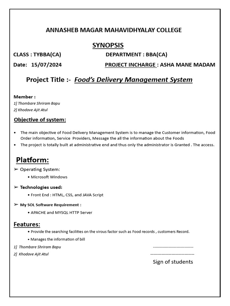 Foods Dilivery Management system Synopsis | PDF