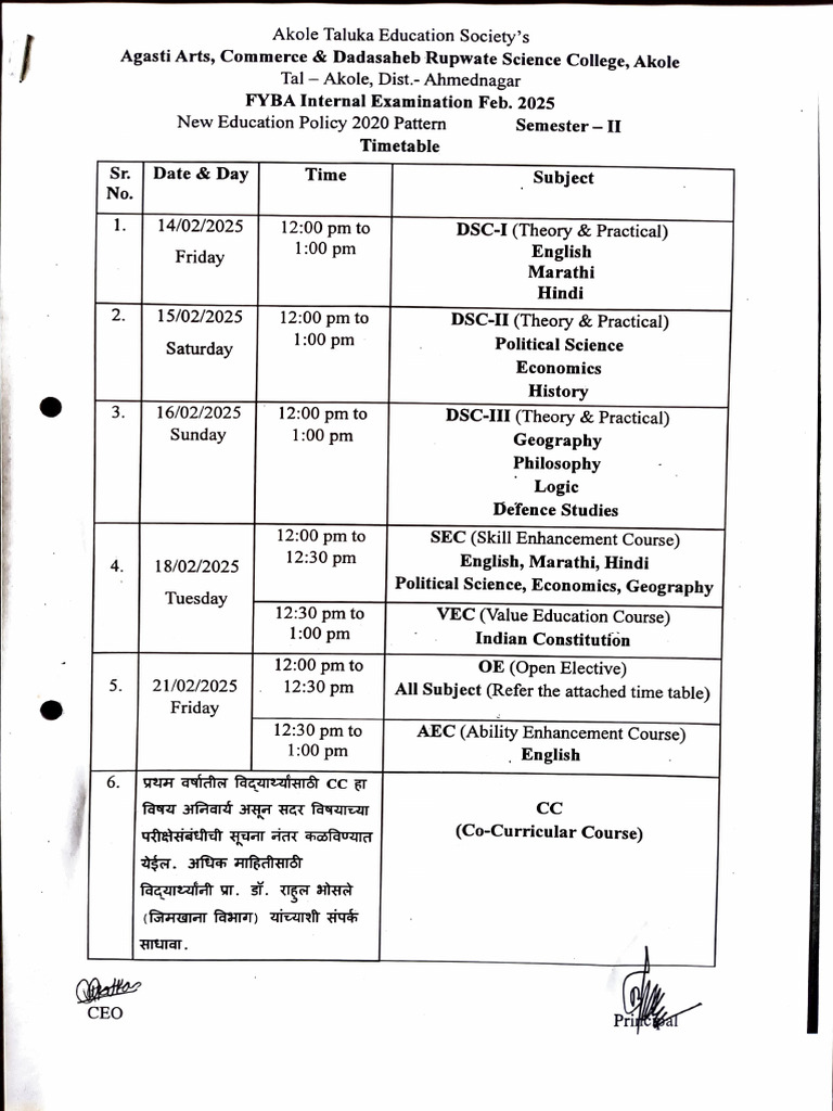 FYBA Exam Timetable Feb 2025 - Akole College | PDF | Liberal Arts ...