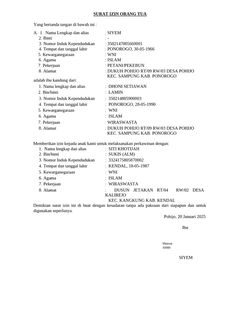 Surat Ijin Ortu (Menikah) | PDF