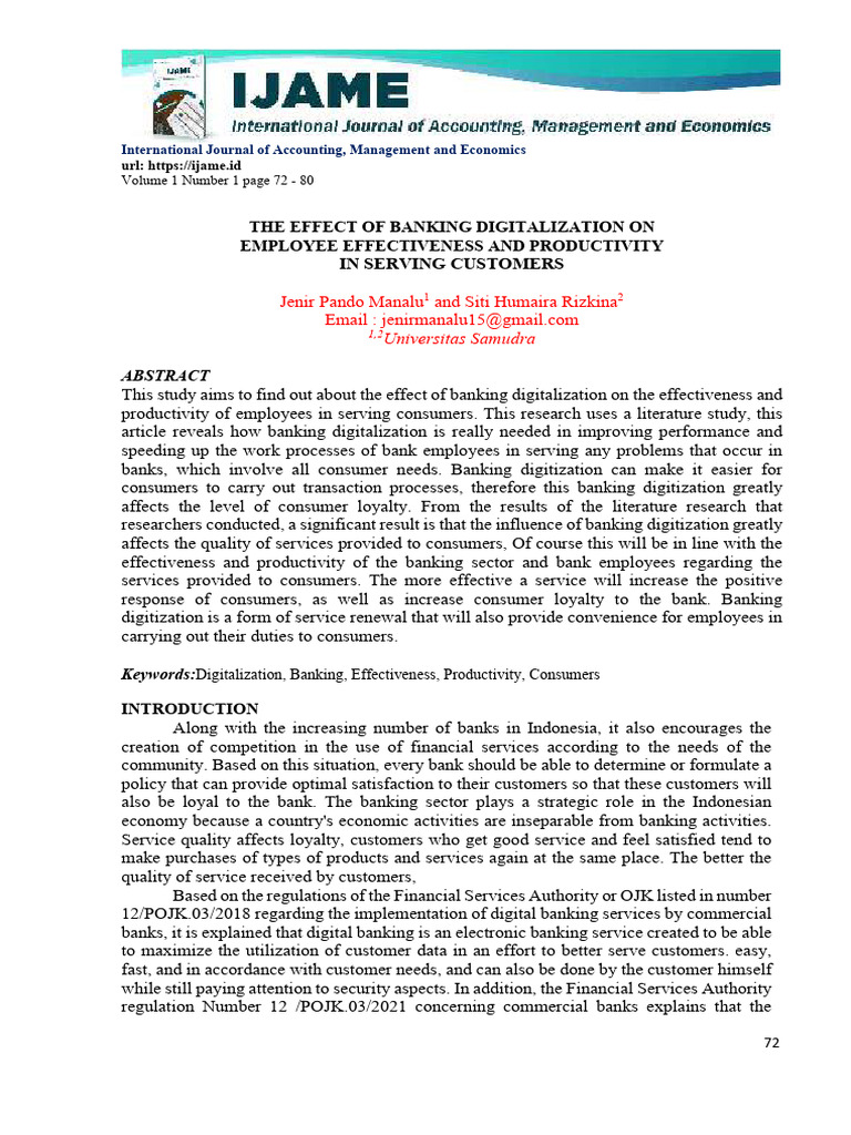 The Effect of Banking Digitalization On Employee Effectiveness and Productivity in Serving ...
