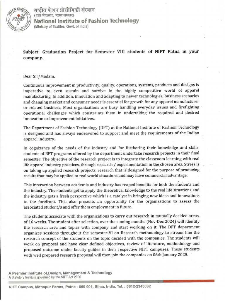 Nift Graduation Project Cover Letter | PDF