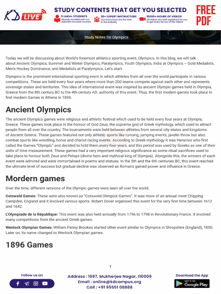 General Knowledge Study Notes For Olympics | PDF