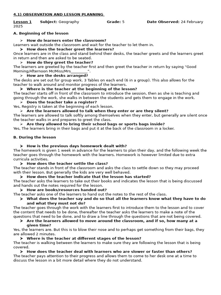 Lesson 1 Observation (PG 10) | PDF | Classroom | Teachers