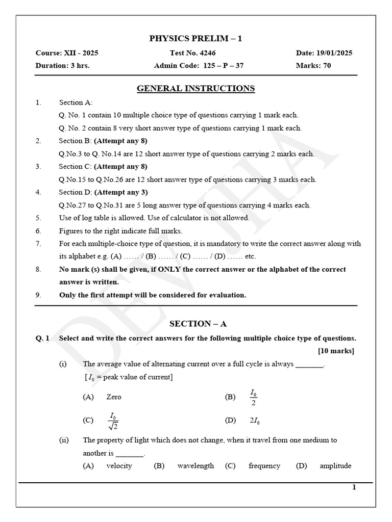 Physics PRELIM 1 HSC Board and Cbse | PDF | Inductor | Electron
