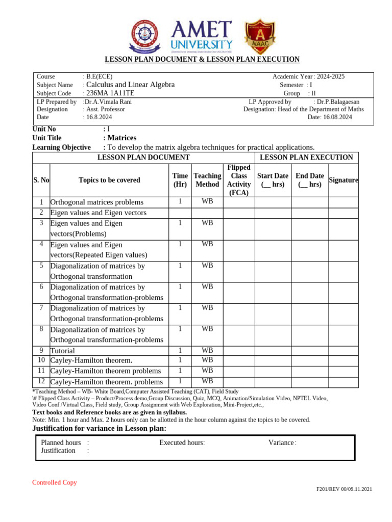Lesson Plan for Calculus & Linear Algebra | PDF | Matrix (Mathematics ...