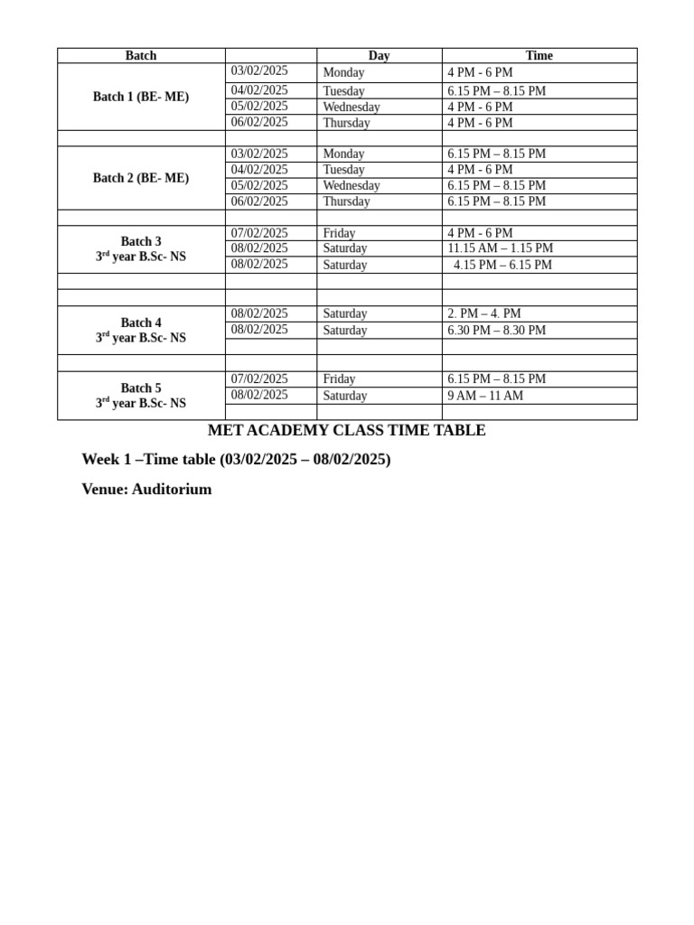 Week 1 - Time Table - MET Academy Classes | PDF