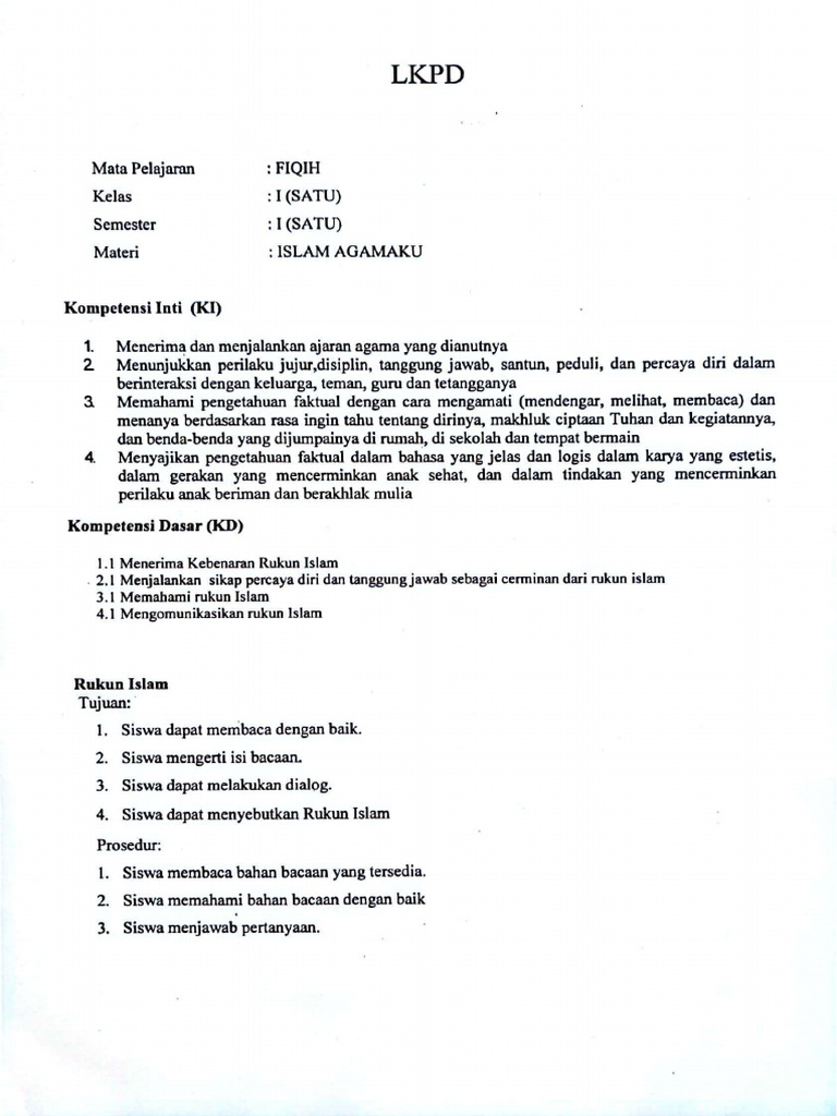 Lkpd Fikih Kls 1 Smt 1 Rukun Islam | PDF