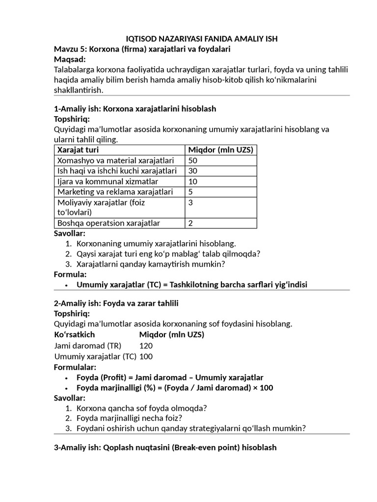 5.Korxona (firma) xarajatlari va foydalari. | PDF