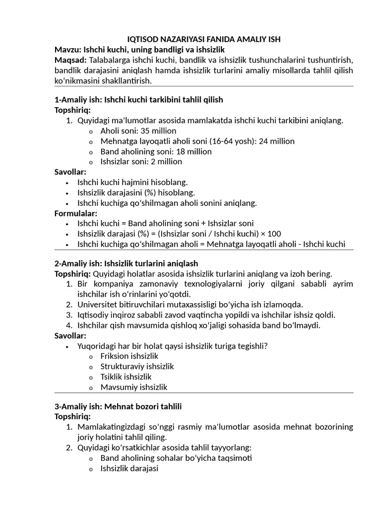 1.Ishchi kuchi, uning bandligi va ishsizlik | PDF