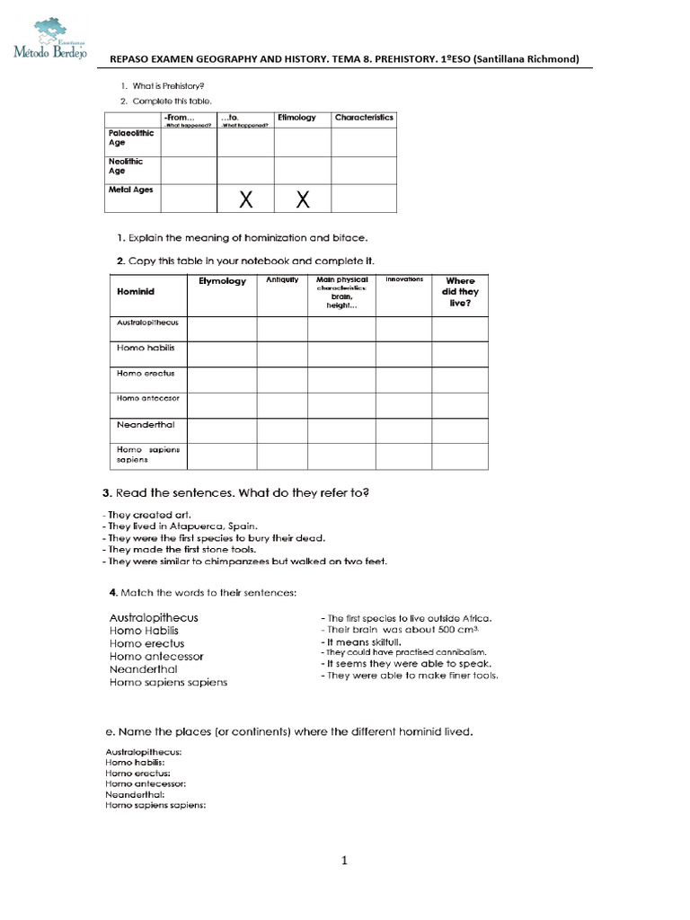 Repaso-Examen-Geo t8 Prehistory 1ºeso | PDF