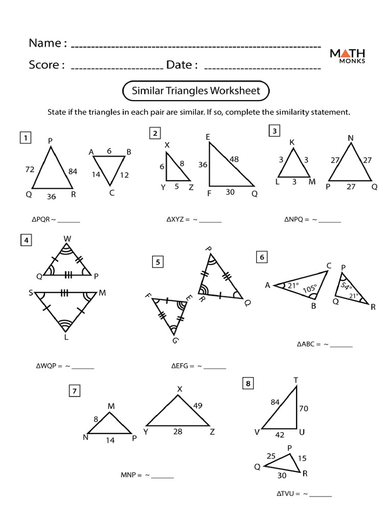Similar Triangles Worksheet | PDF