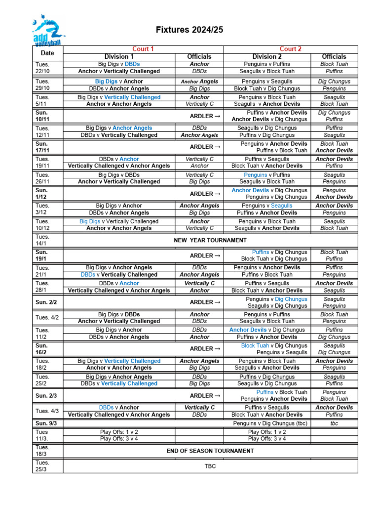 Fixtures for 2024/25 Season | PDF