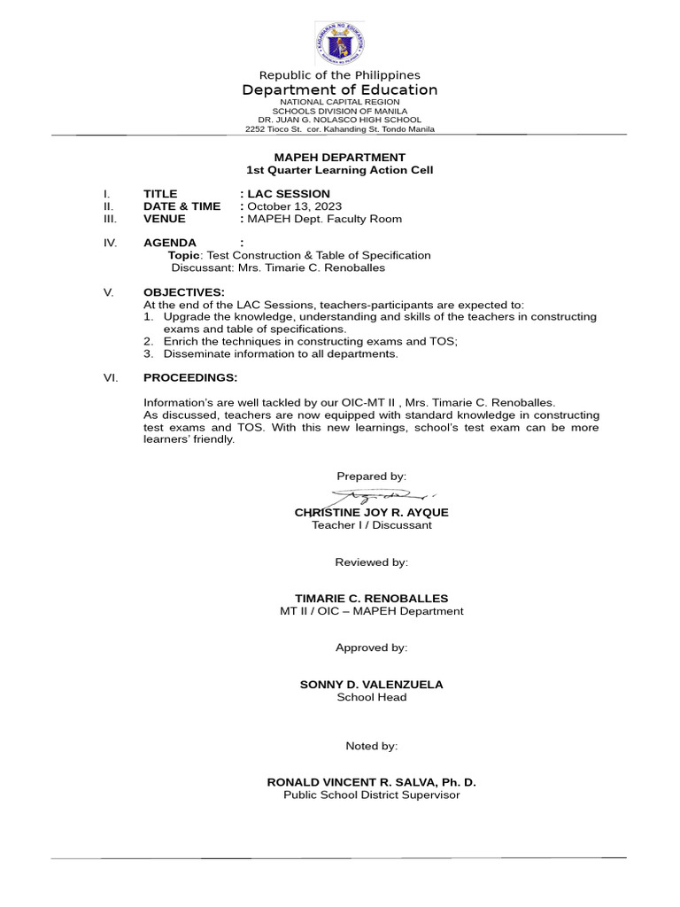 Test Exam & Tos-Lac-Reflection | PDF