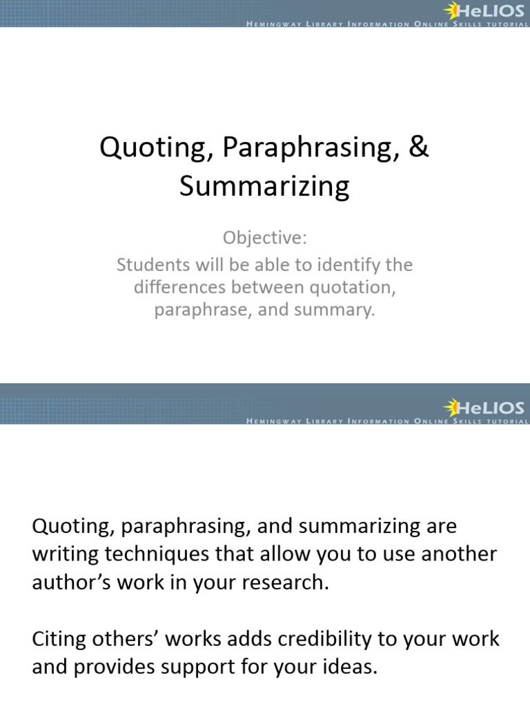 Quoting, Paraphrasing, Summarizing Guide | PDF | Résumé | Plagiarism