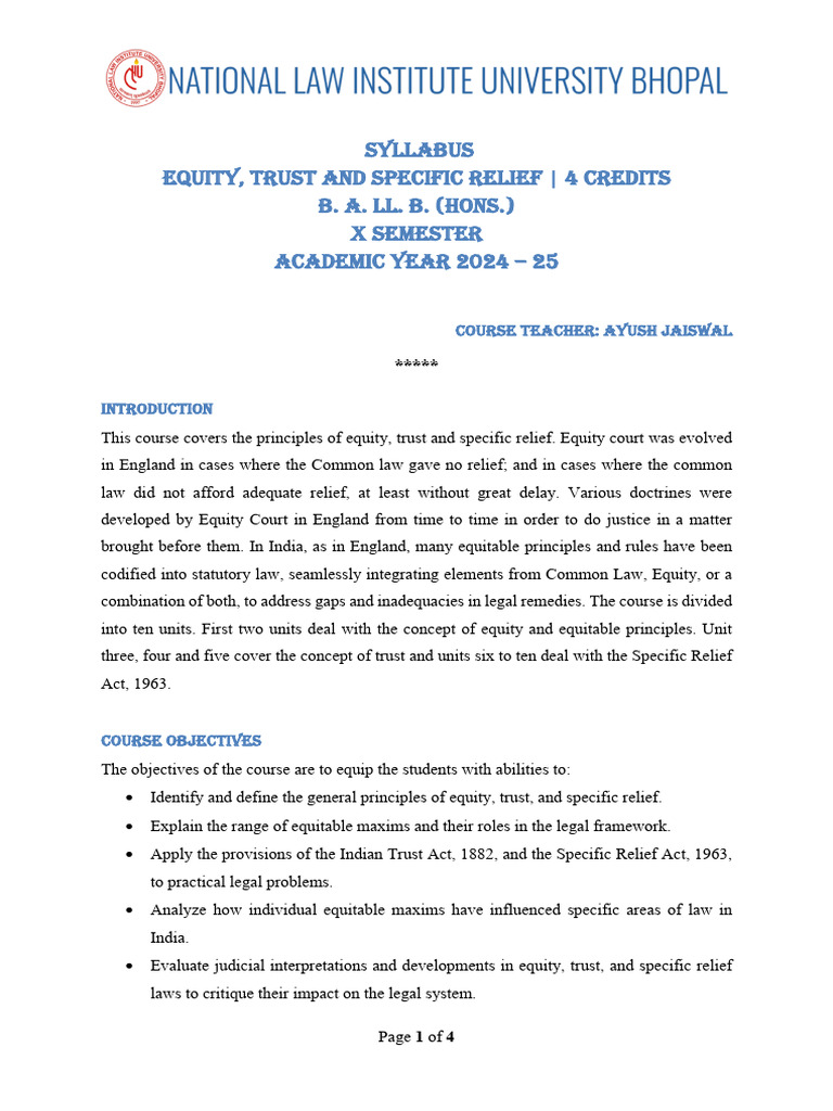 Equity, Trust & Specific Relief Syllabus | PDF | Equity (Law) | English ...