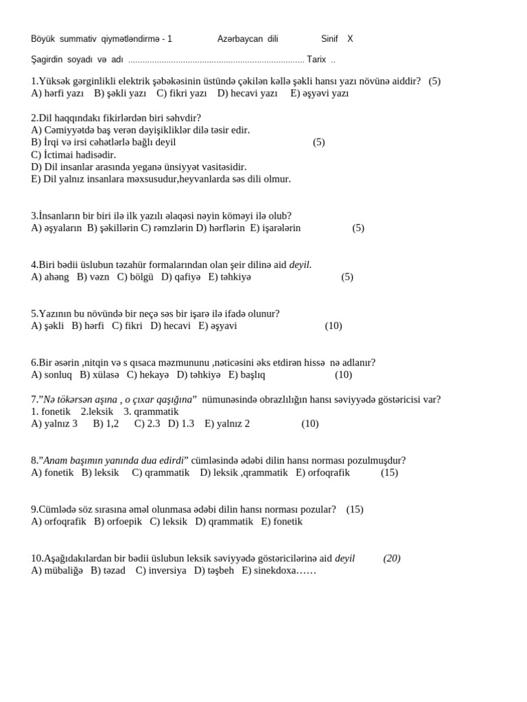 X Sinif Az Dili bsq-1 | PDF