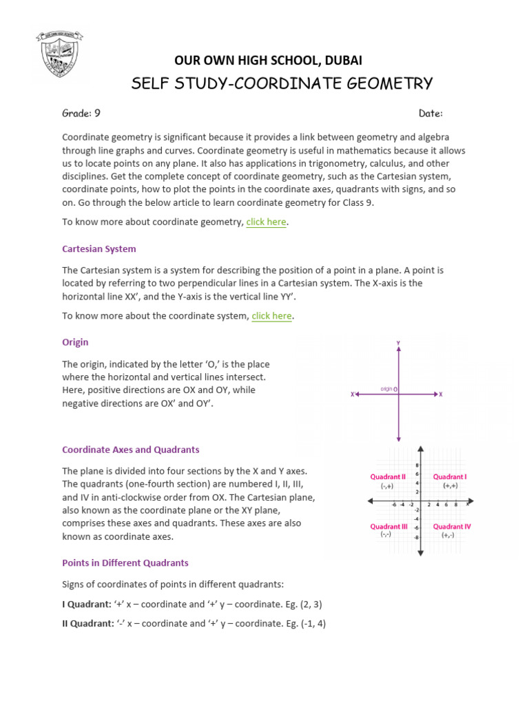 Coordinate Geometry Notes Pdf Cartesian Coordinate System