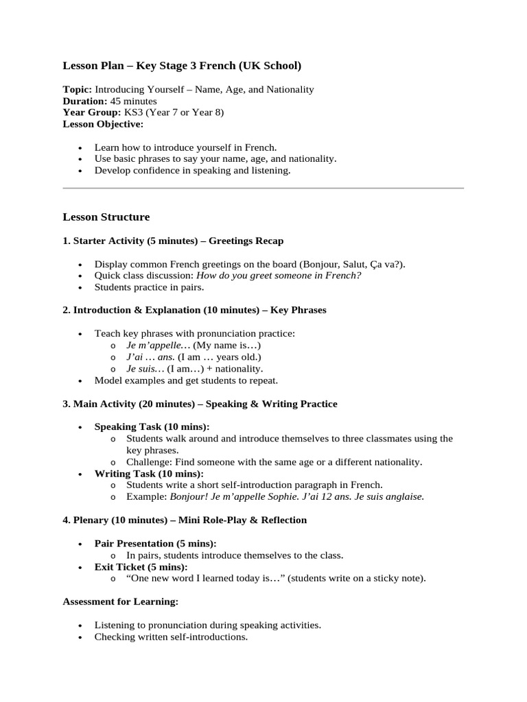 Lesson Plan French | PDF