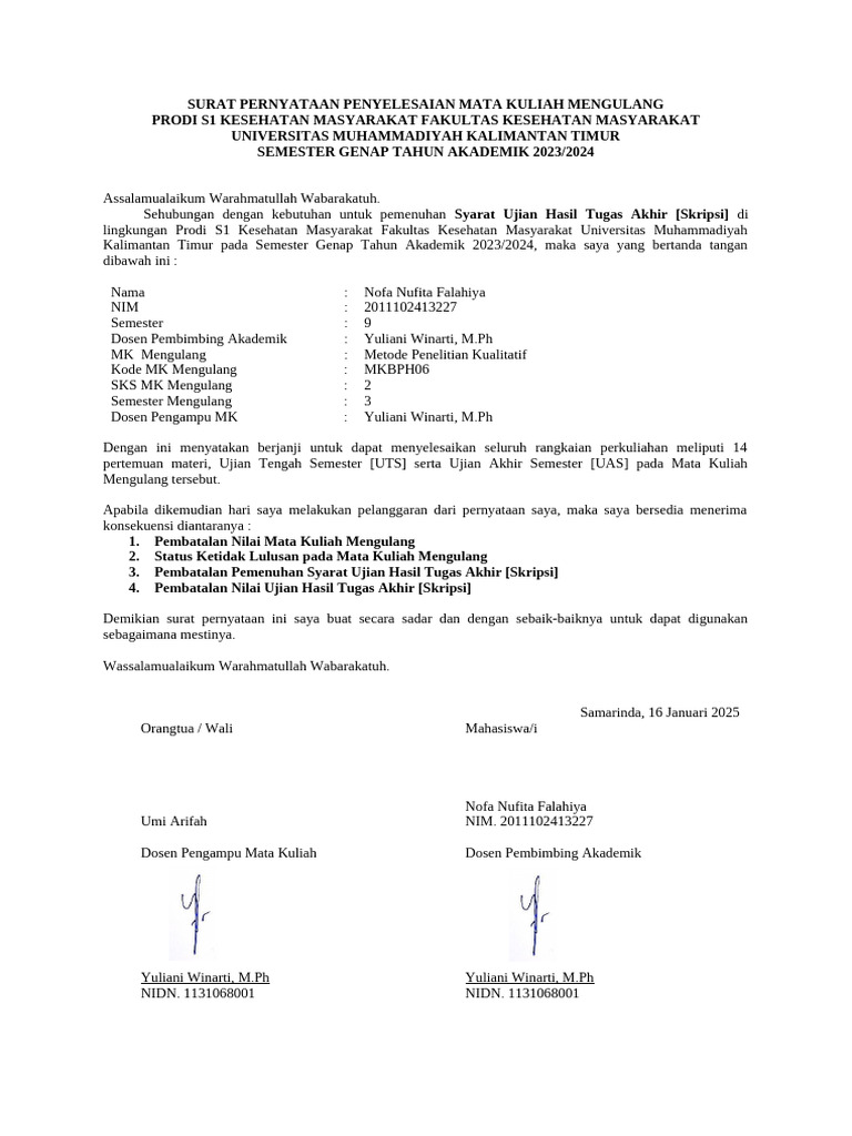 Surat Pernyataan Mengulang MK Kesehatan | PDF