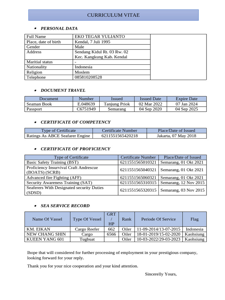 CV Pelaut | PDF