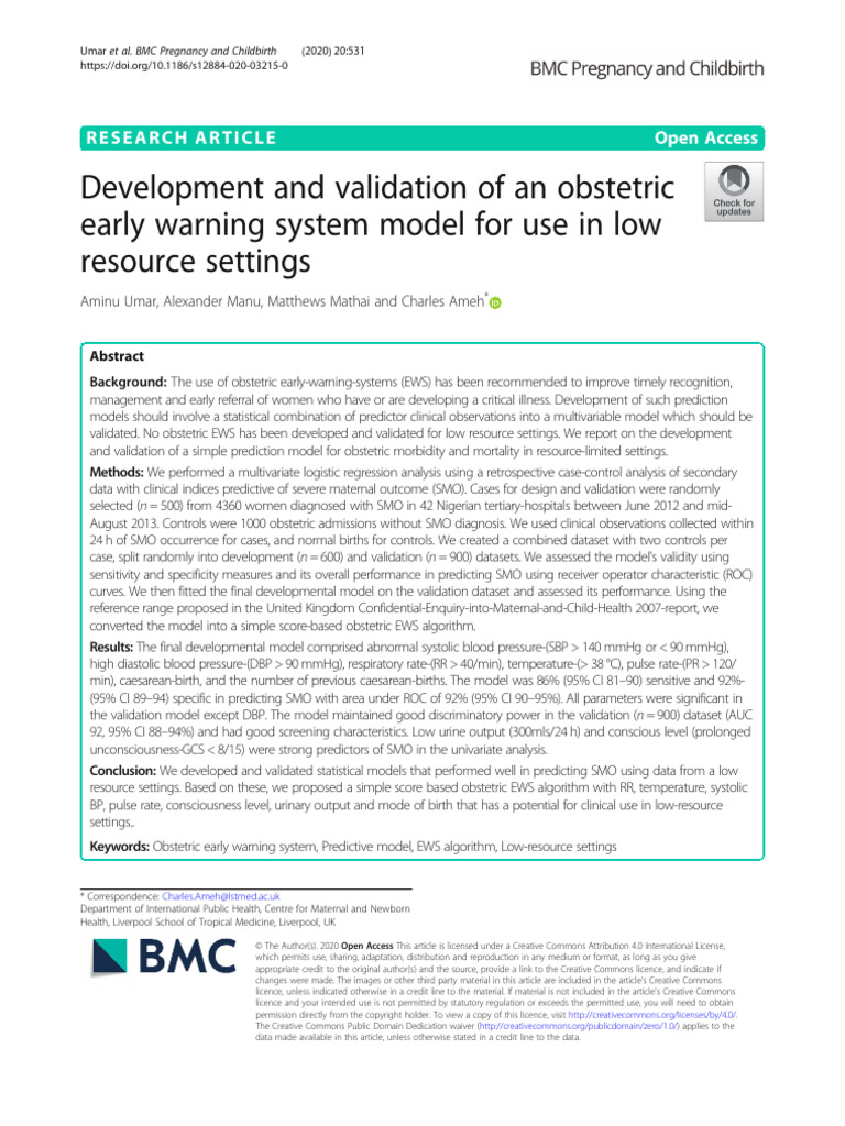 Development and Validation of an Obstetric Early Warning 207opnk2nr ...