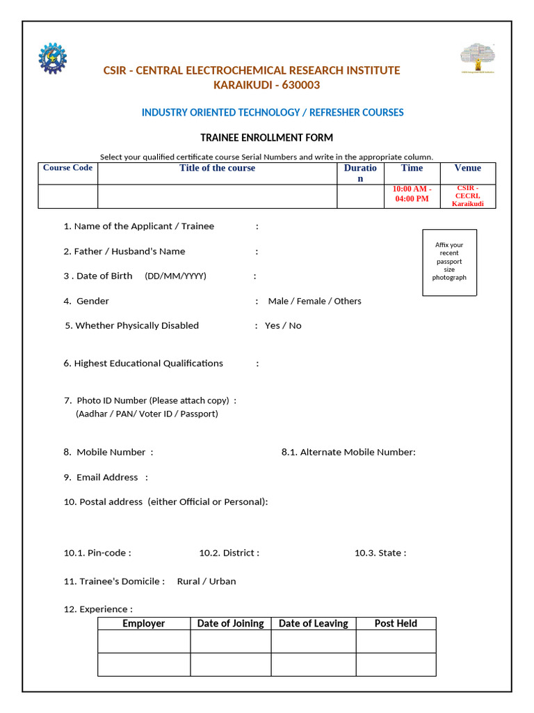 Refresher Course Enrollment Form | PDF