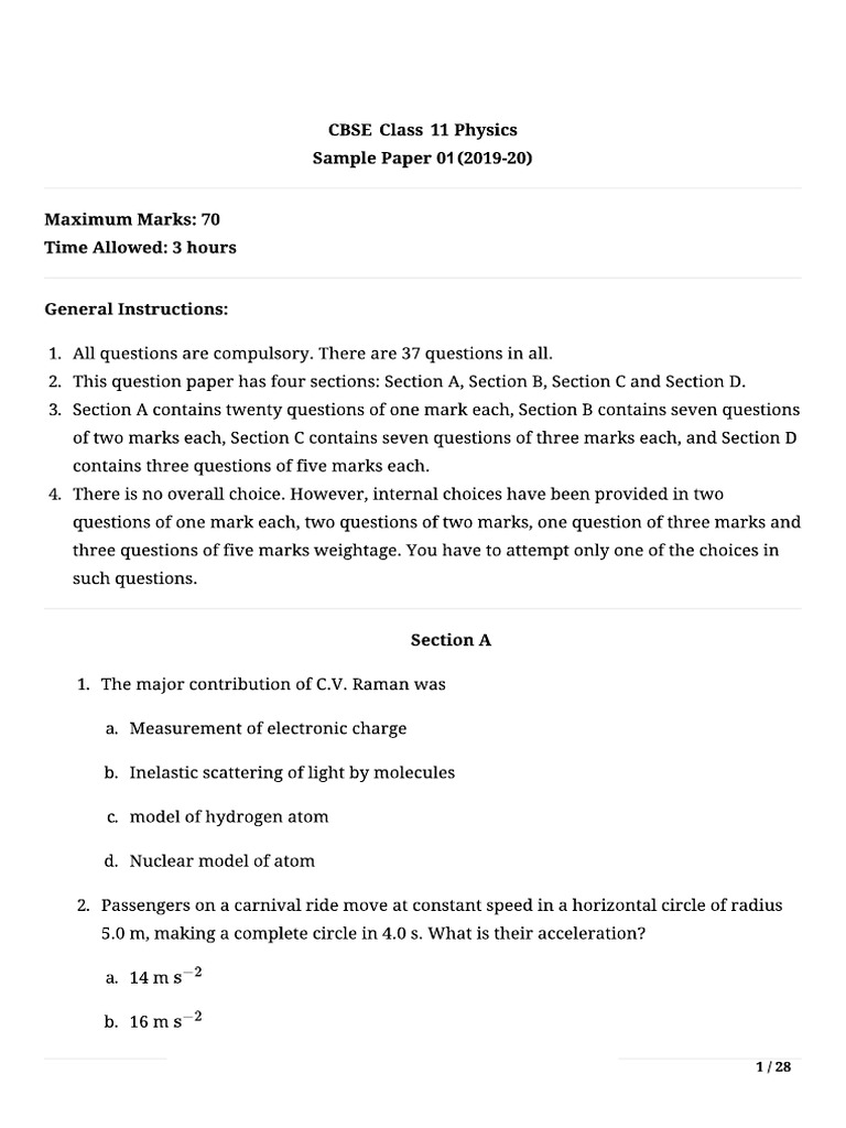 Phy 11 Sample Paper 1 | PDF