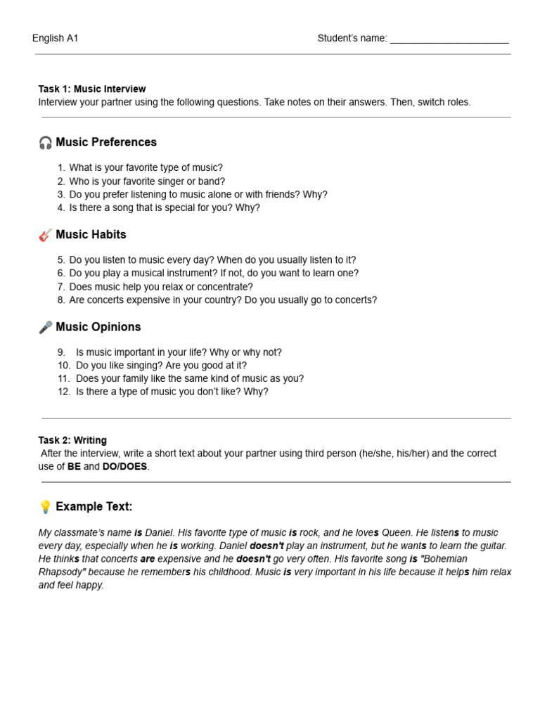Music Interview and Writing Task | PDF