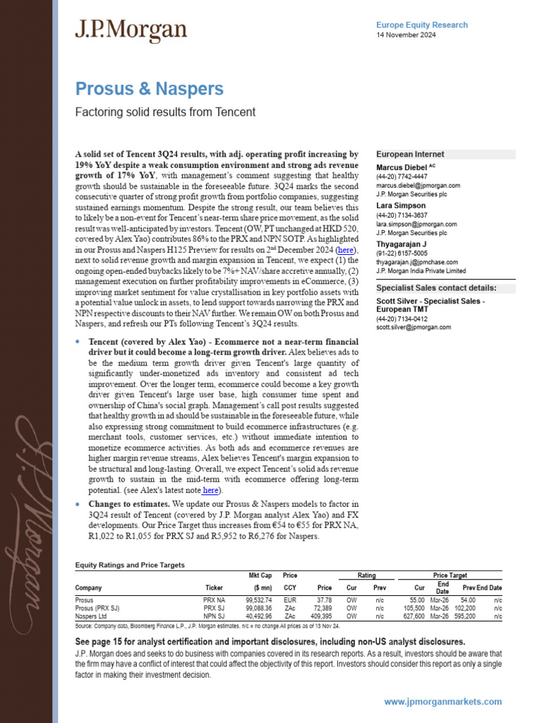Prosus & Naspers Factoring Solid Results From Tencent | PDF | Valuation (Finance) | Tencent