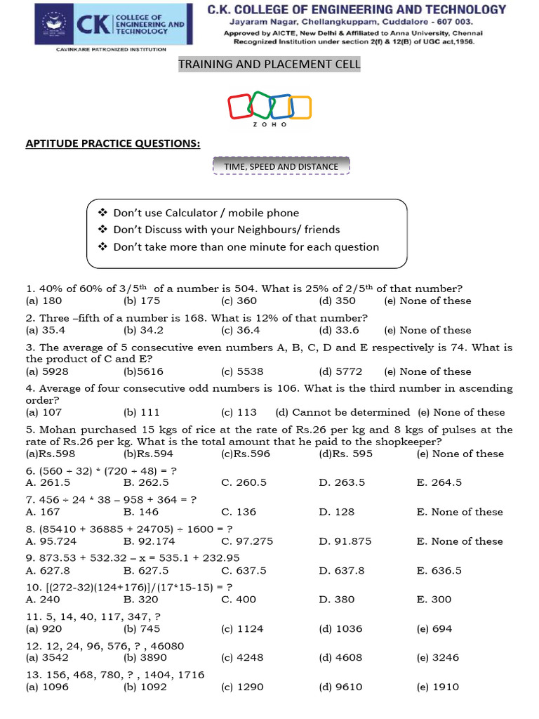 CK Cse Ece Zoho Apti 50Q For Practice | PDF