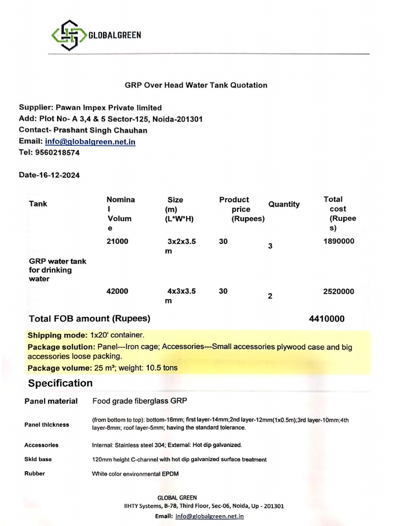 GRP Over Head Tank | PDF