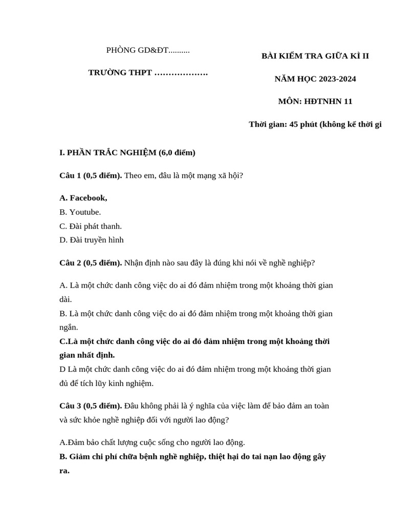 De Thi GHK 2 HDTN 11 CTST | PDF