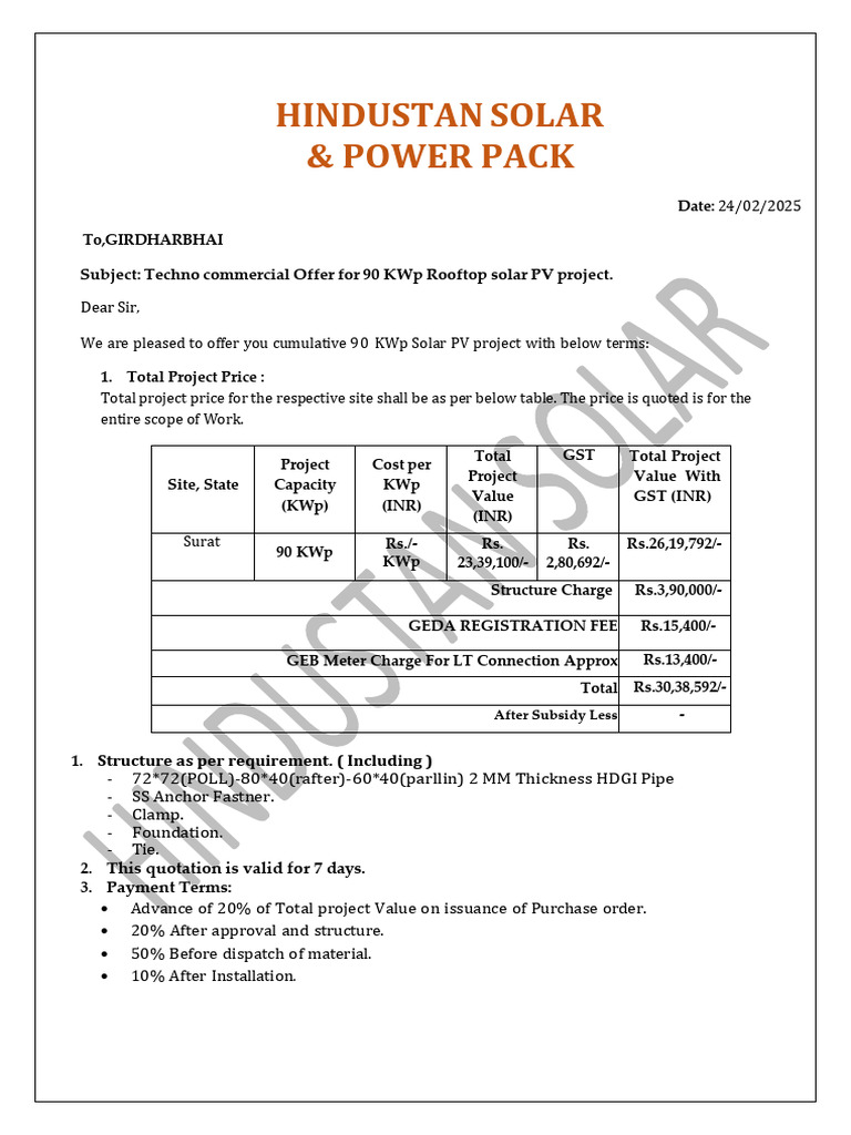 90 KW Rooftop Solar Project Quotation | PDF | Photovoltaic System ...
