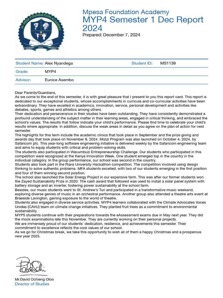 MYP4 Semester 1 Report 2024: Achievements | PDF | Creativity | Critical ...