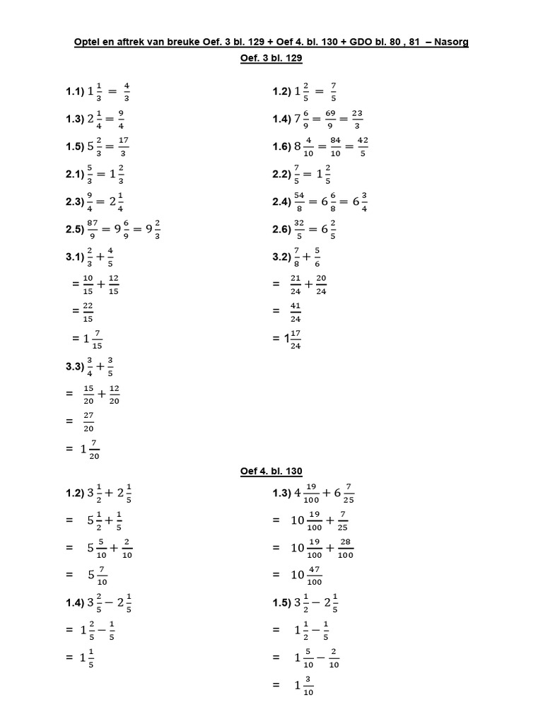 GR 7 Wisk Optel en Aftrek Van Breuke Oef 3 BL 129 + Oef 4 BL 130 | PDF