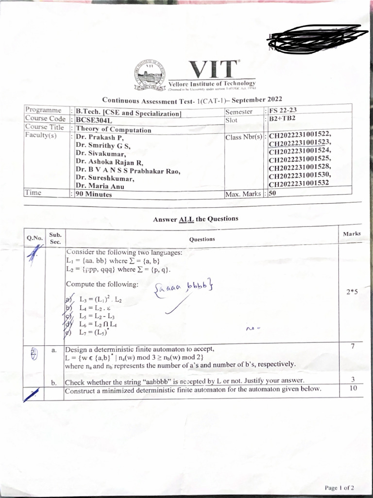 Theory of Computation Cat-1 | PDF