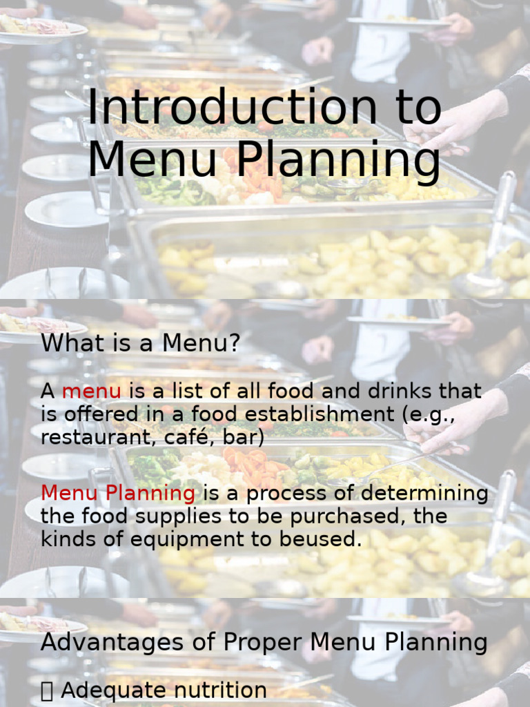 Introduction To Menu Planning | PDF | Menu | Foods