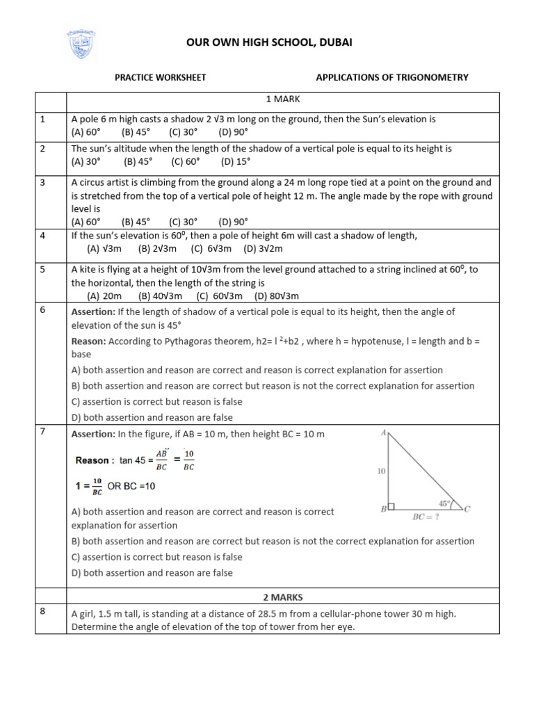 Trigonometry Applications Worksheet | PDF | Height | Flag